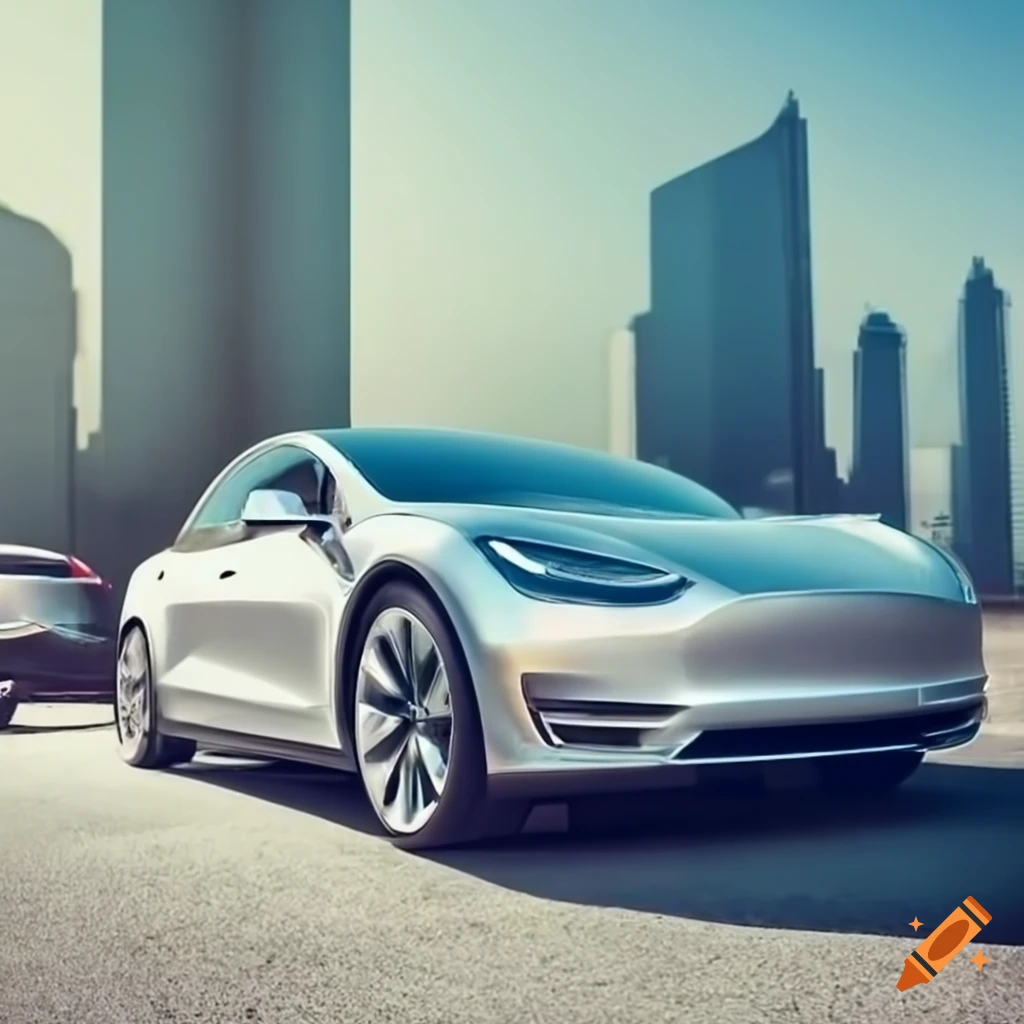 Woman standing next to silver tesla car with futuristic cityscape ...