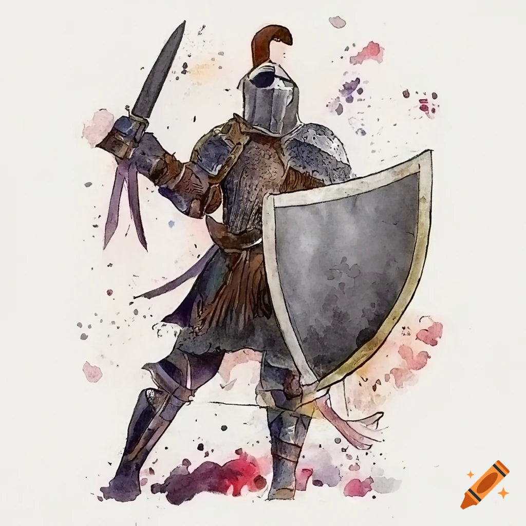 Brave knight with sword and helmet, dark hair sweeping over scar on Craiyon