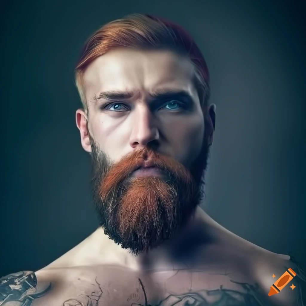 Muscular warrior with red hair and beard in a cinematic stormy setting ...