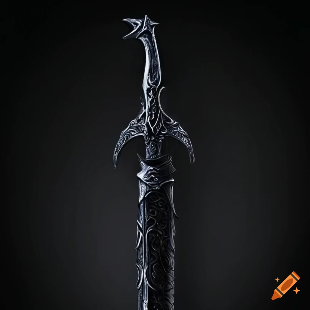 Beautiful dark longsword with intricate raven design on the handle on ...
