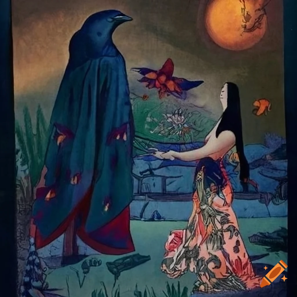 Mystical curandera raven and elegant mother goose in stone lithograph ...