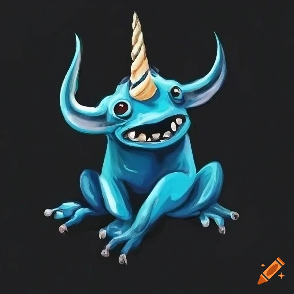 Angry blue bull frog unicorn monster in a minimalist oil painting on ...