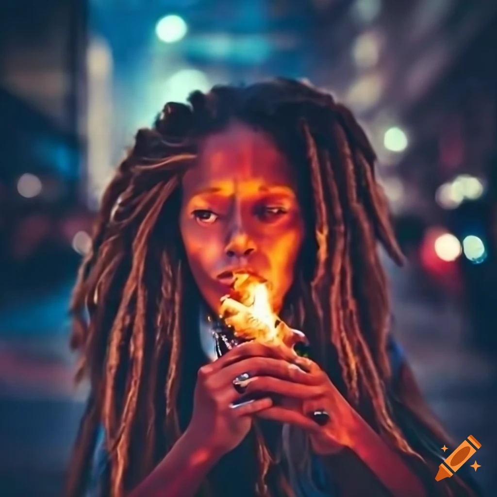 Girl with rasta colors smoking at night in the city on Craiyon