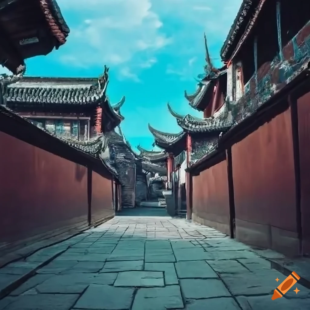 View of an ancient chinese village street from floor level on Craiyon