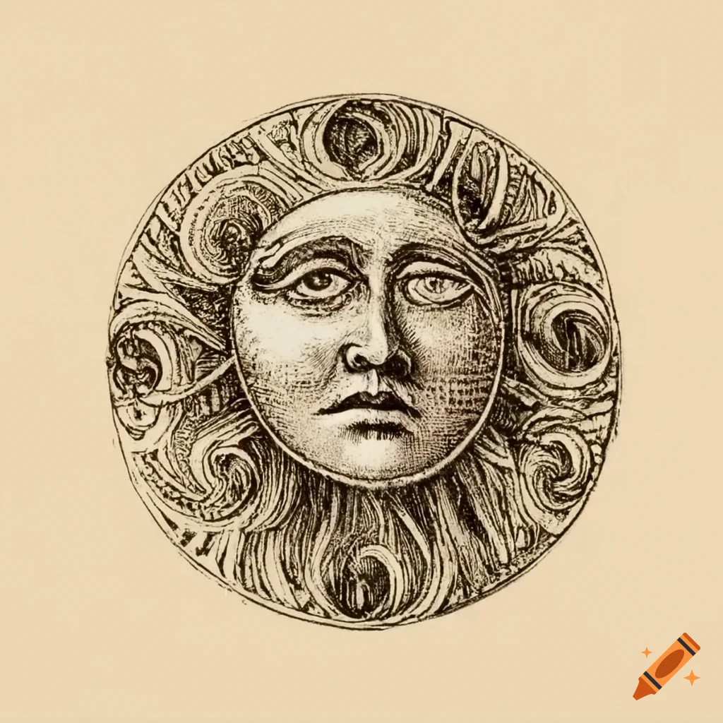 Medieval engraving of a stern-faced sun glancing sideways on Craiyon
