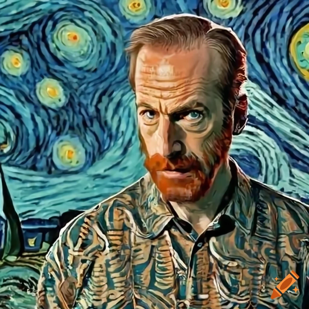 Comical portrayal of Bob Odenkirk wearing a Starry Night shirt on Craiyon