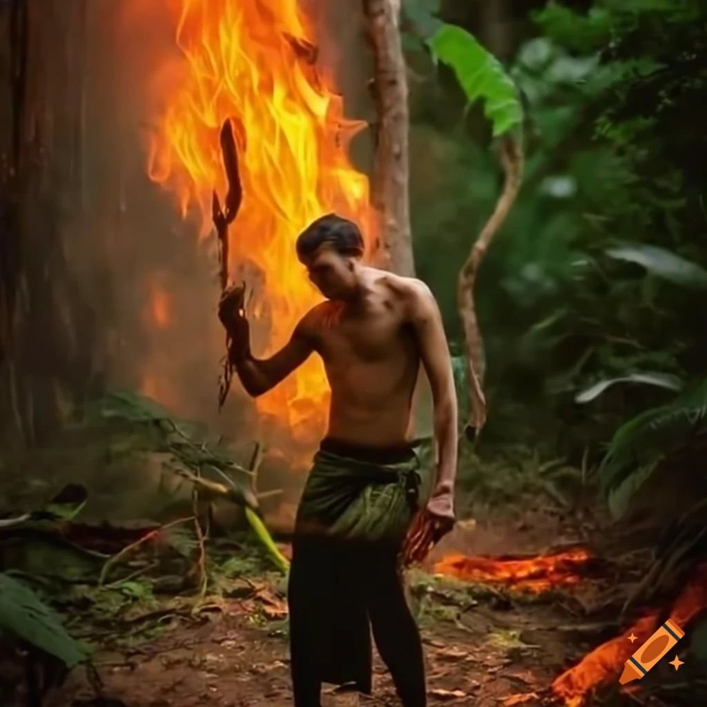 Vibrant jungle with exotic wildlife and a captivating fire-wielding man ...