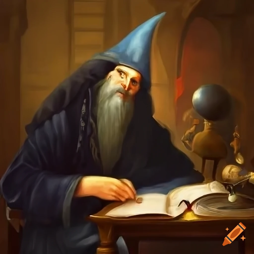 Renaissance painting of a wizard studying in a library on Craiyon
