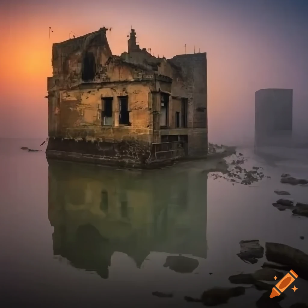 Abandoned brick and sandstone buildings sinking into water in thick fog ...