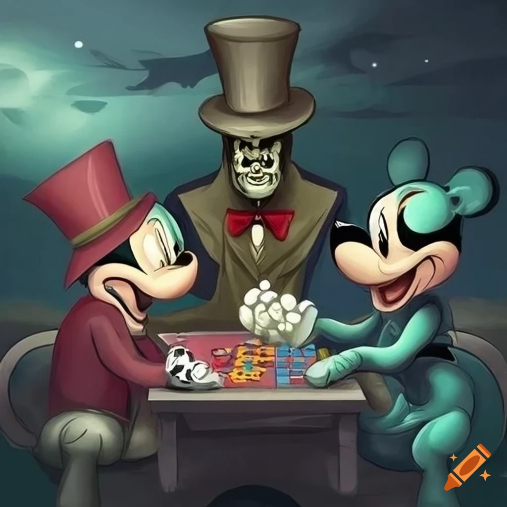 Baron Samedi and Mickey Mouse playing poker in a surrealistic graveyard ...