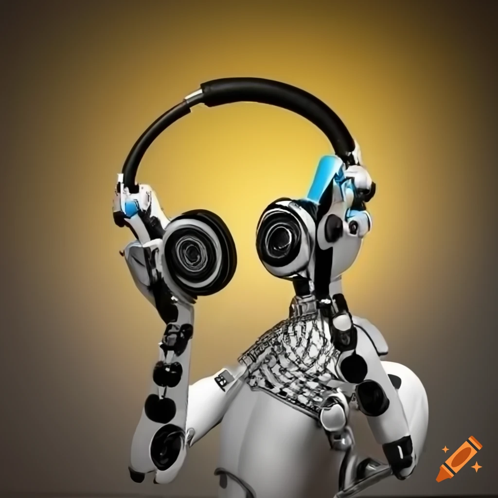 Artificial intelligence humanoid with headphones playing a radio in ...