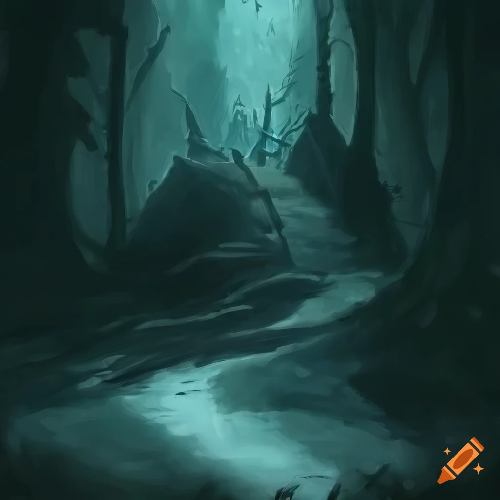 Dark haunted road in a fantasy setting on Craiyon