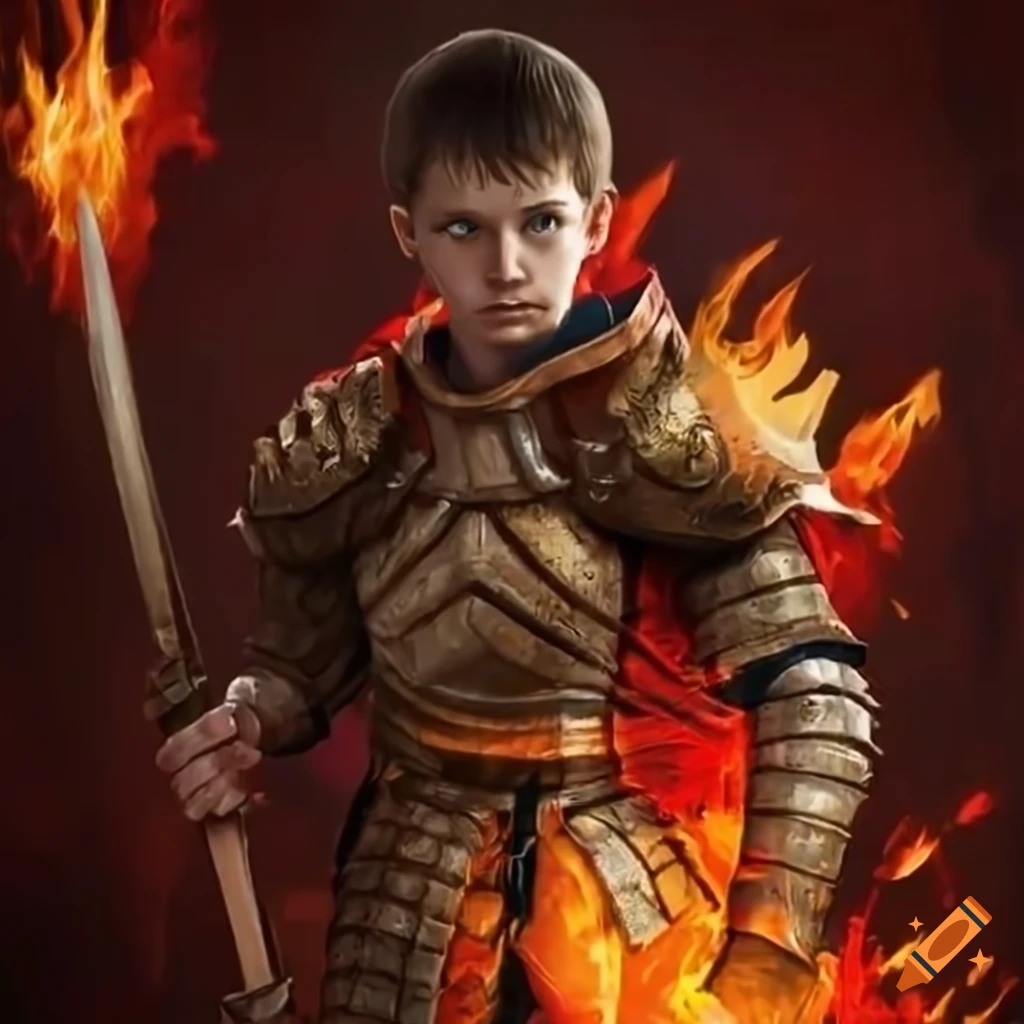 Young warrior in flaming armor ready for battle on Craiyon