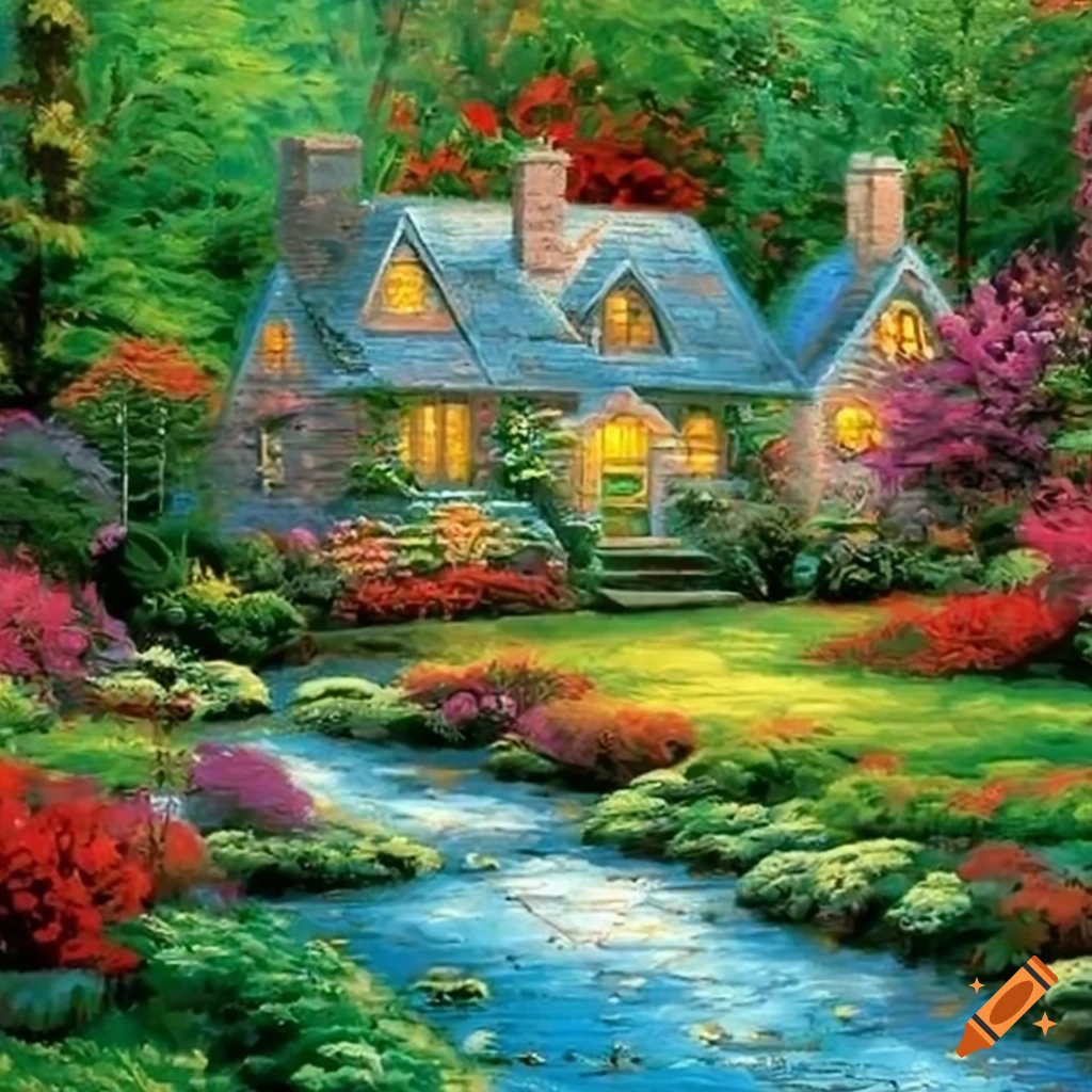 Enchanting garden with lush greenery and colorful spring flowers in a ...