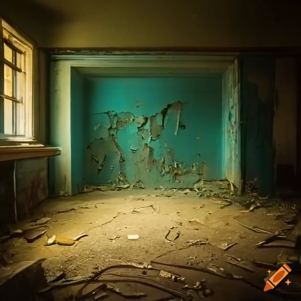 Abandoned flooded basement room with peeling pastel paint and narrow ...