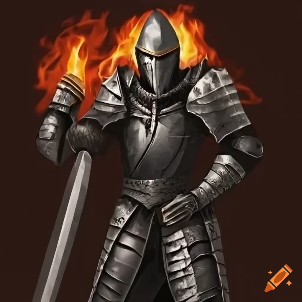Black and gray knight with a sword engulfed in fire on Craiyon