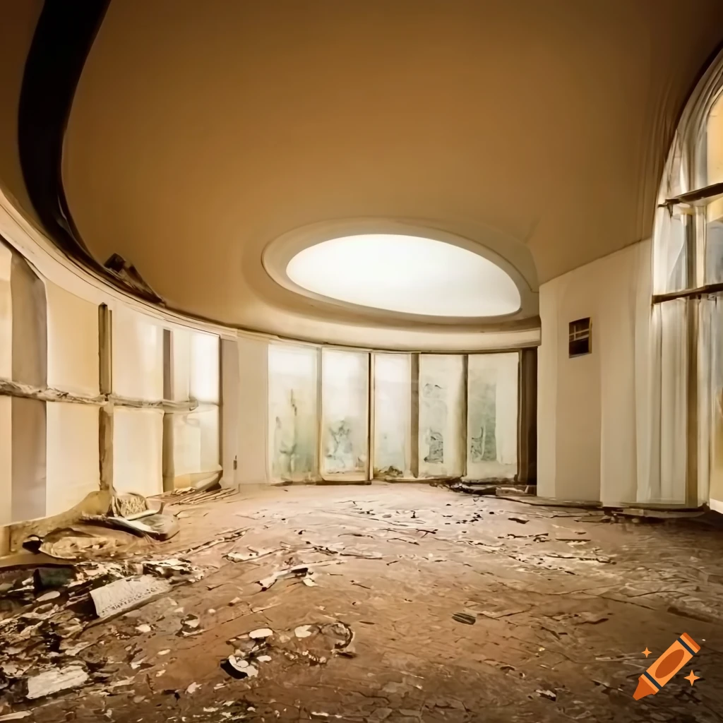 Abandoned modern lobby with sheer curtains overlooking a futuristic ...