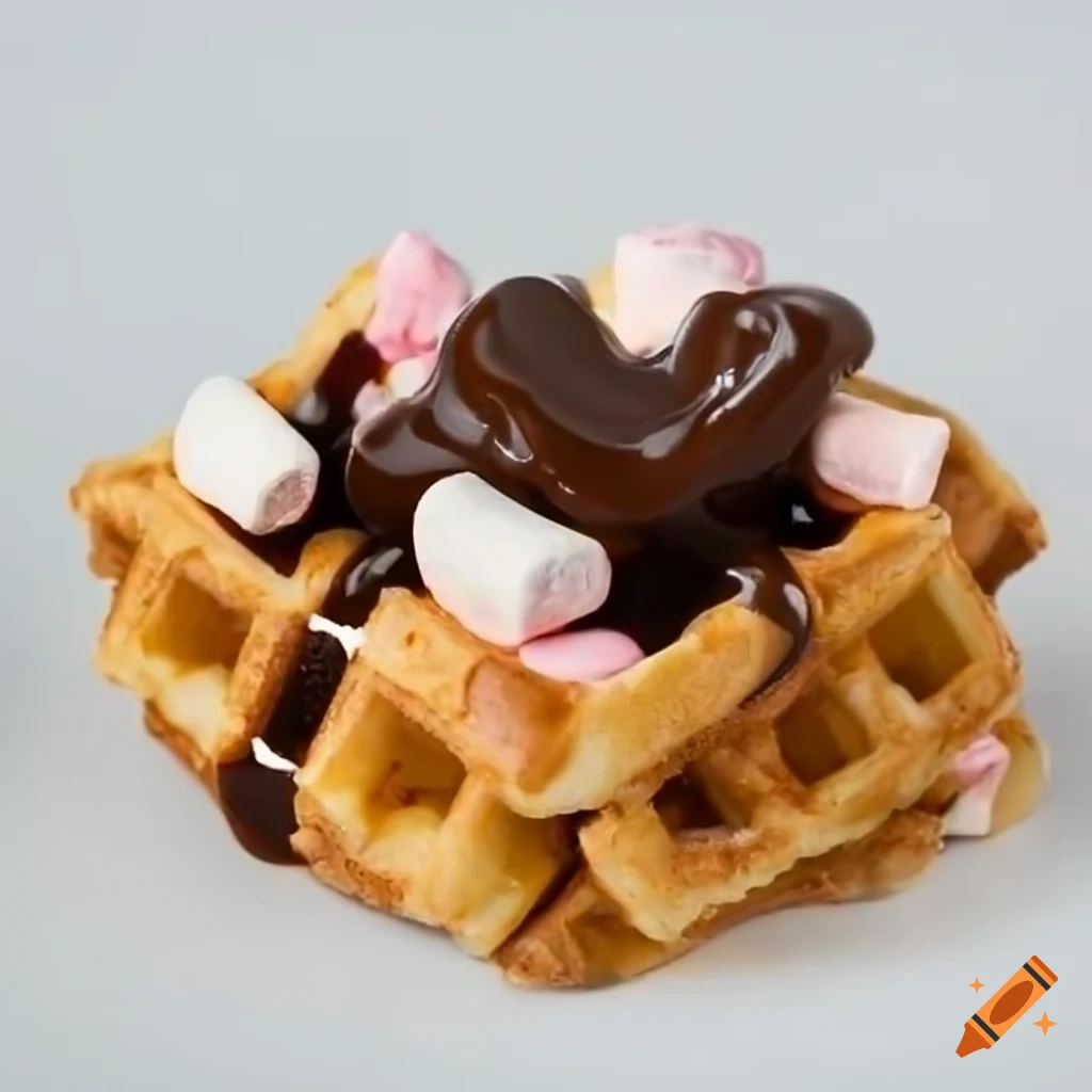 Delicious squared waffle with mini-marshmallows and chocolate syrup on ...