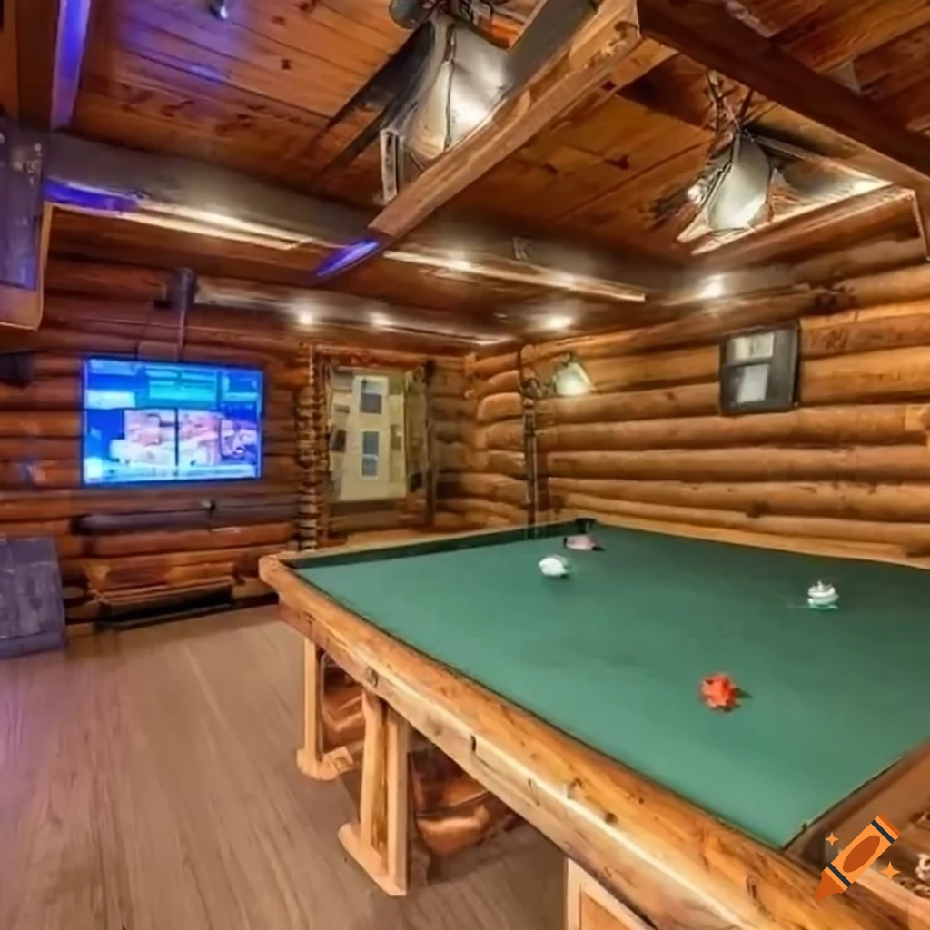 Cozy log cabin game room with old-school video games and fireplace on ...