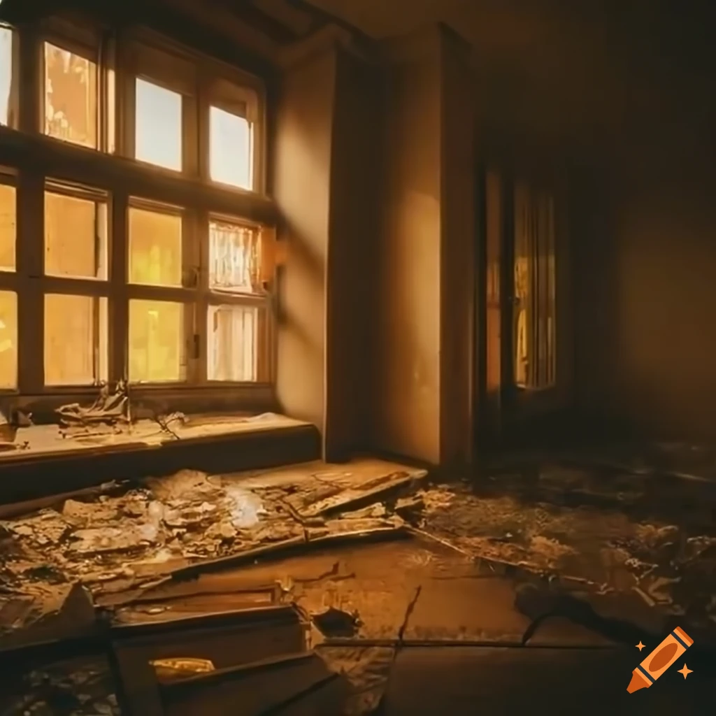 Abandoned office with broken tinted glass windows in golden fog on Craiyon