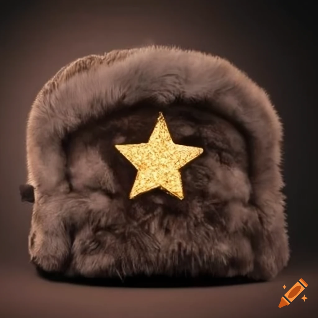 Dark brown ushanka with gold star and tied-up flaps on Craiyon