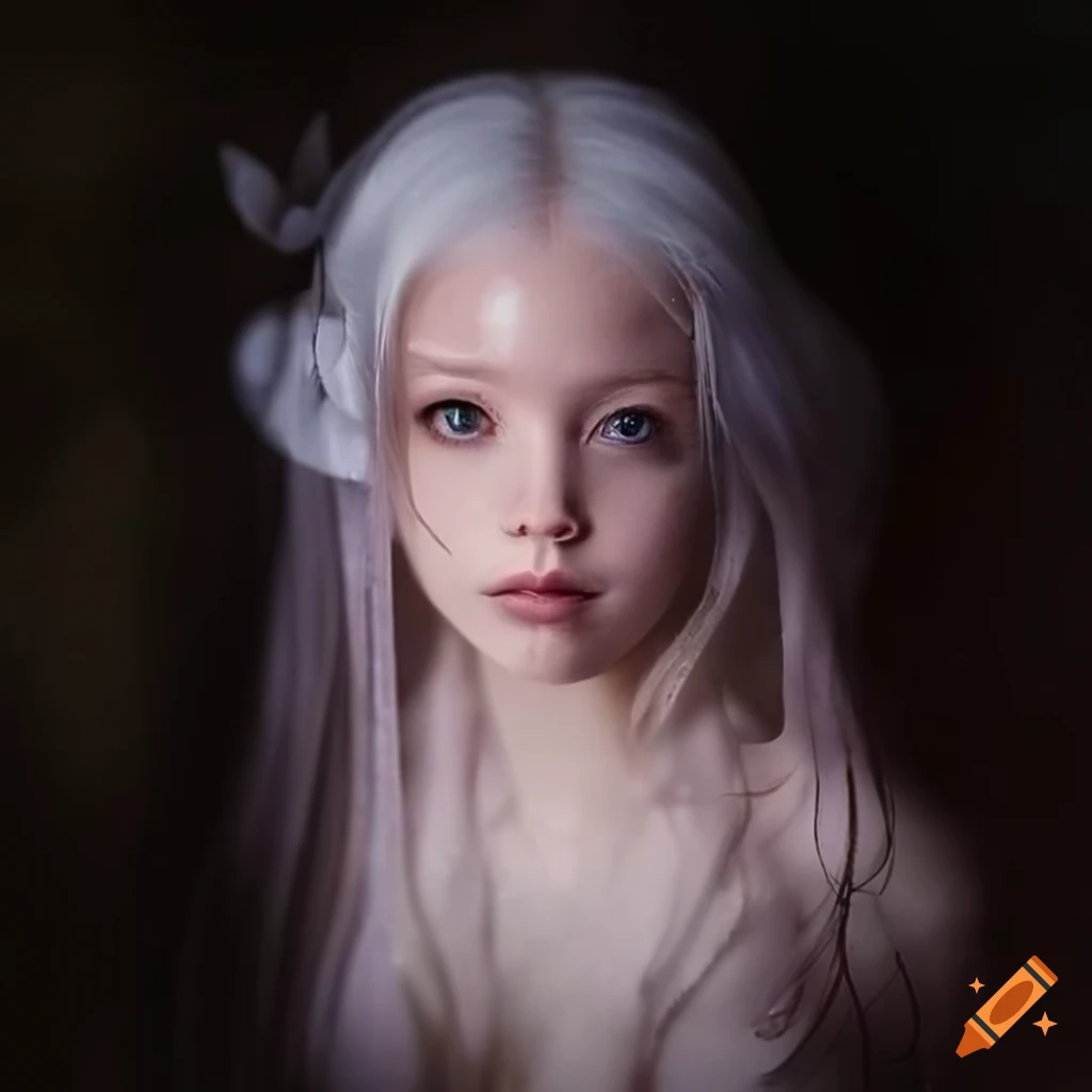 Albino wisteria nymph with violet eyes in a fantasy setting on Craiyon