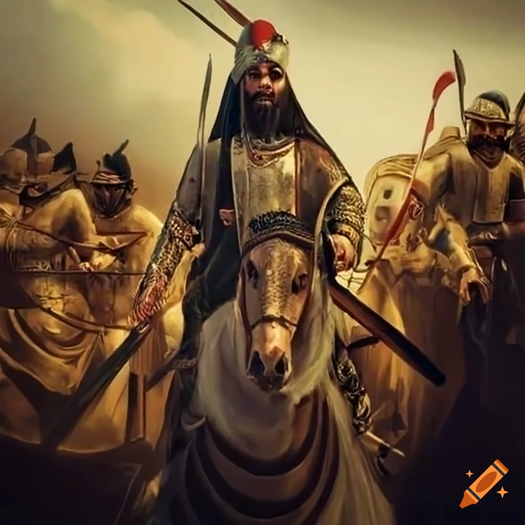 Ancient arab warrior riding in front of his army on Craiyon