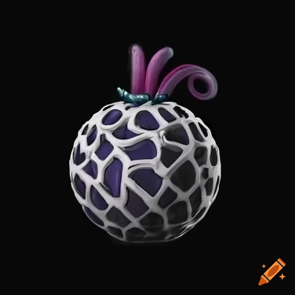 Intricate glossy one piece devil fruit on mysterious black background ...