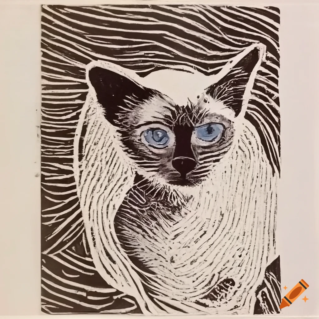 Colorful lino print of a Siamese cat and her owner in Pierre Bonnard ...