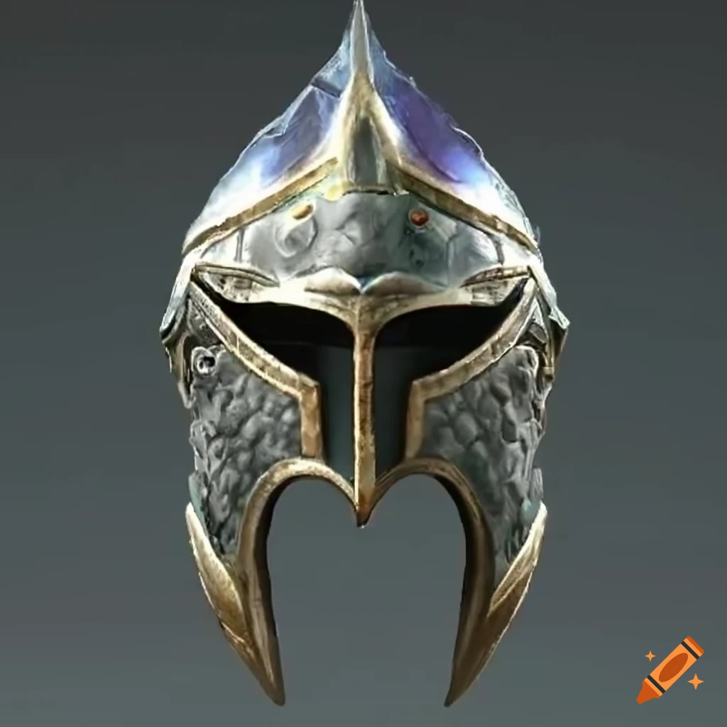 Front view of an elite champion cursed helmet in a fantasy setting on ...