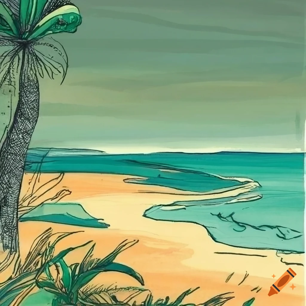 Ink sketch of sandy beach with rainforest in the background on Craiyon