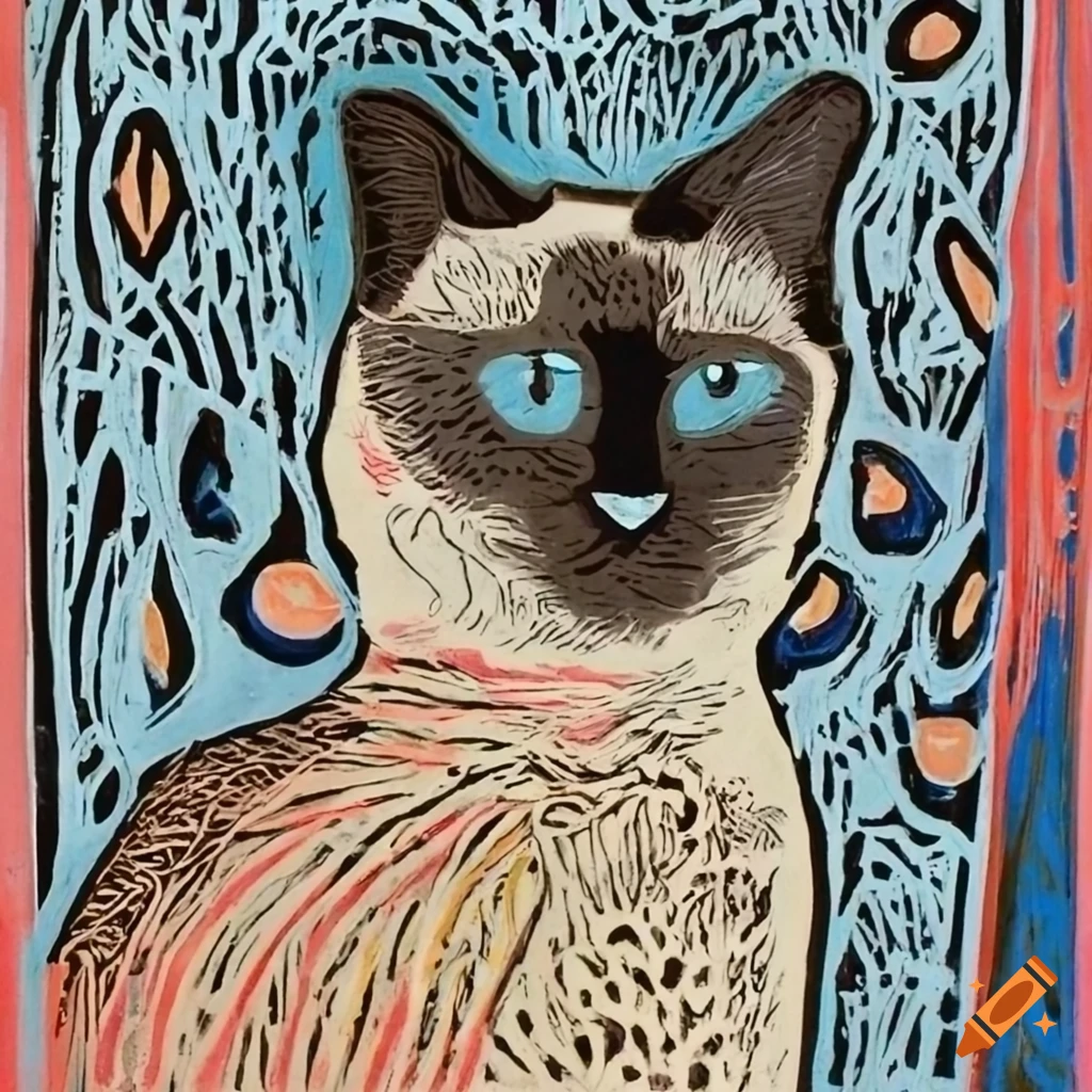Colorful lino print of a Siamese cat and her owner in Pierre Bonnard ...