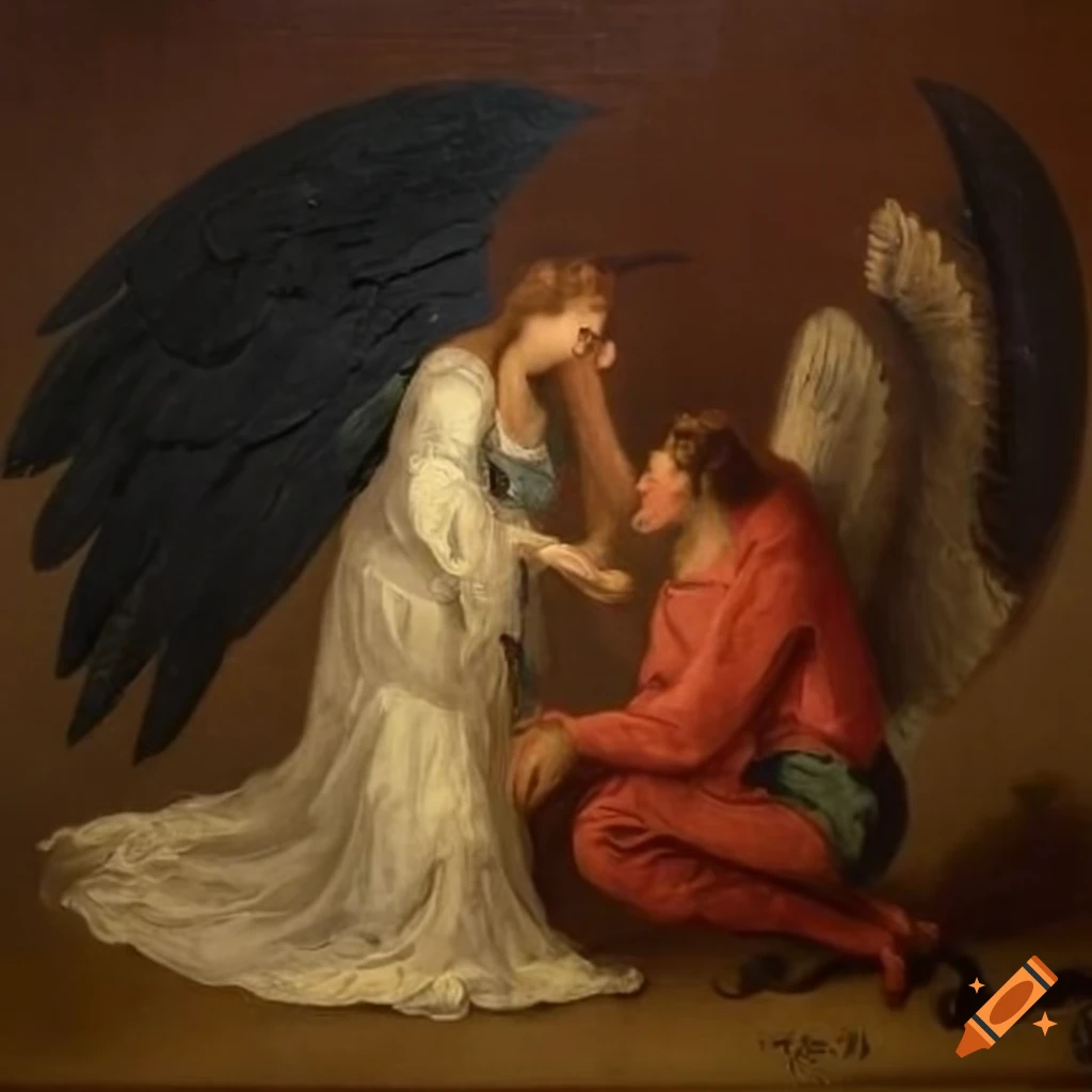 Oil painting of an angel judging the devil in 1800s style on Craiyon