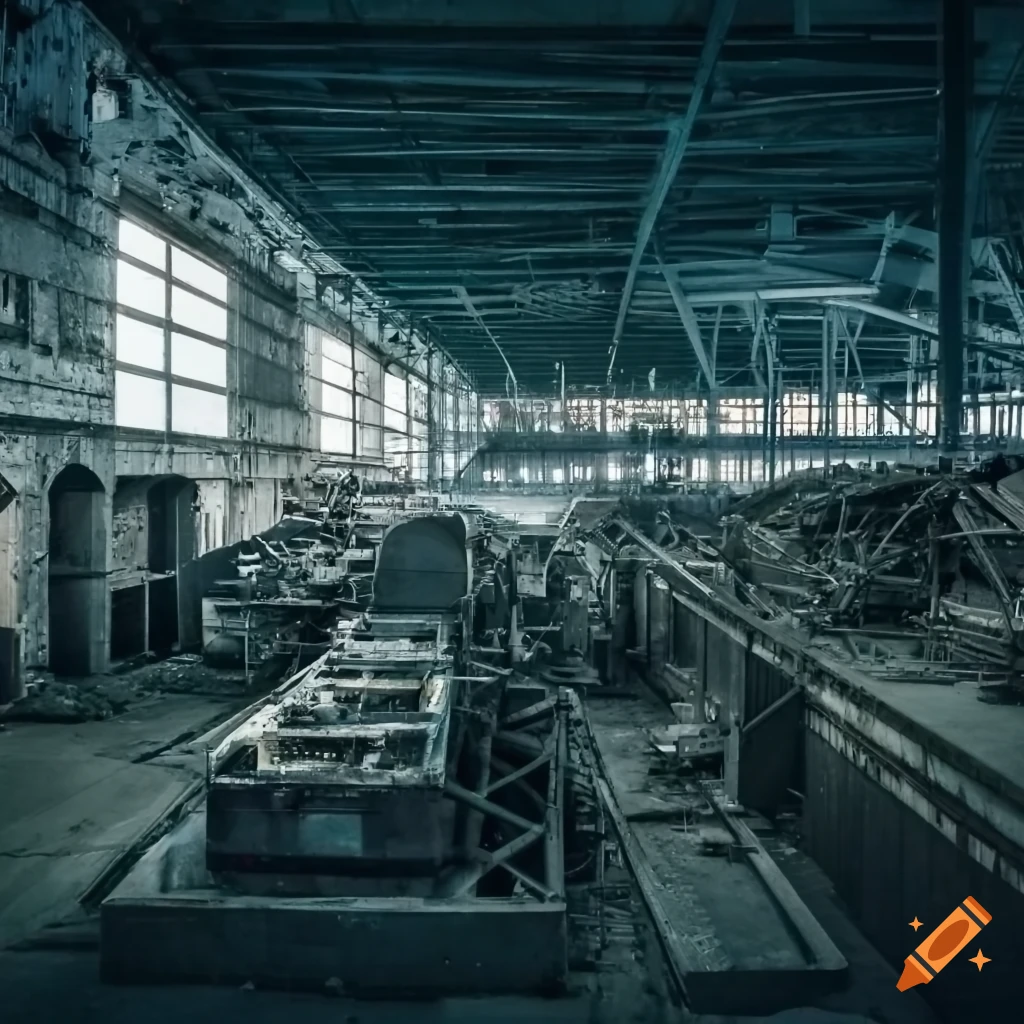 Derelict underground warehouse with scrap metal and machinery on Craiyon
