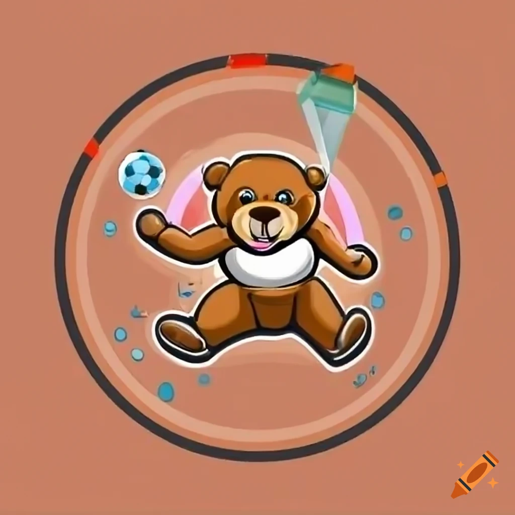 Excited teddy bear jumping surrounded by sports equipment in animated ...