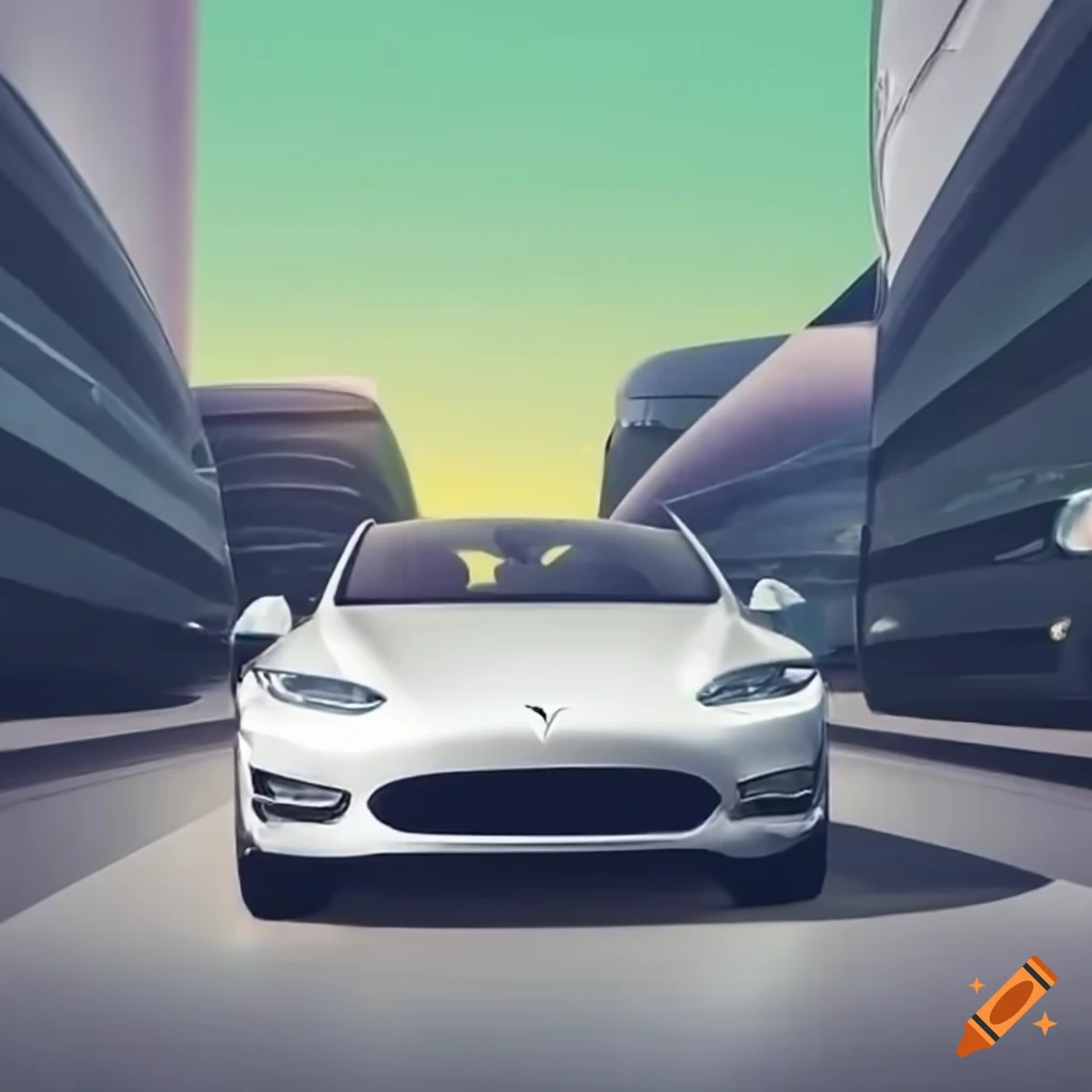 Woman standing next to a Tesla car with a futuristic cityscape in the ...