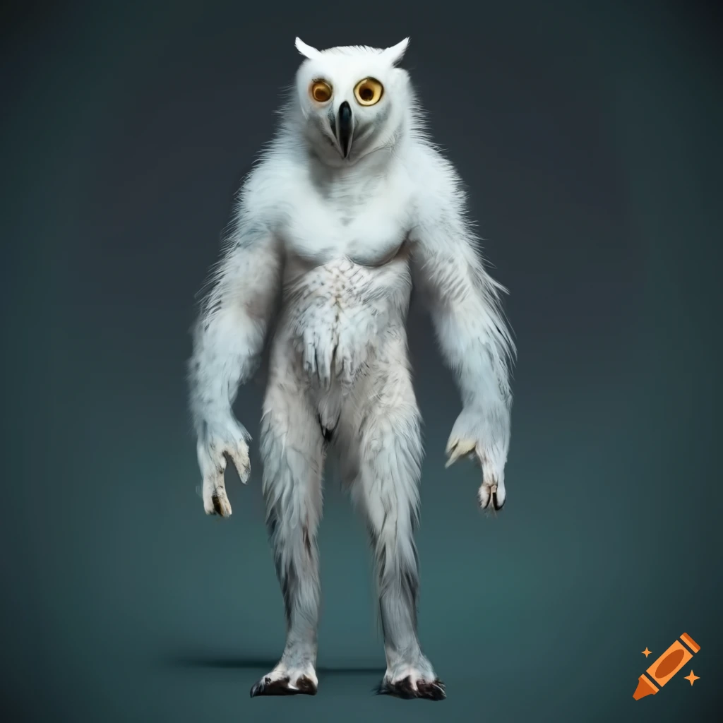 Feather-covered white humanoid owlbear on Craiyon
