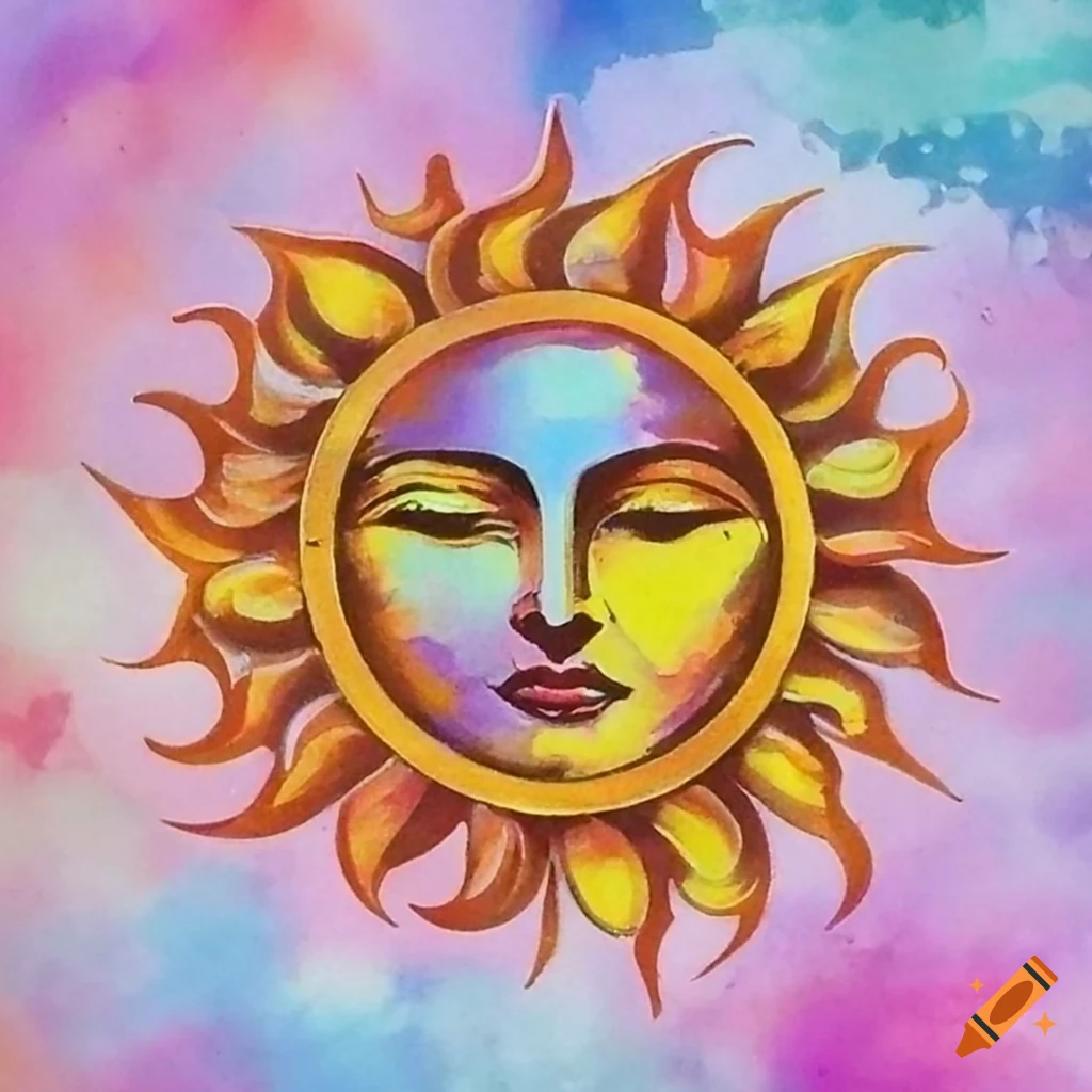 Classical sun with face sticker art on opalescent background on Craiyon