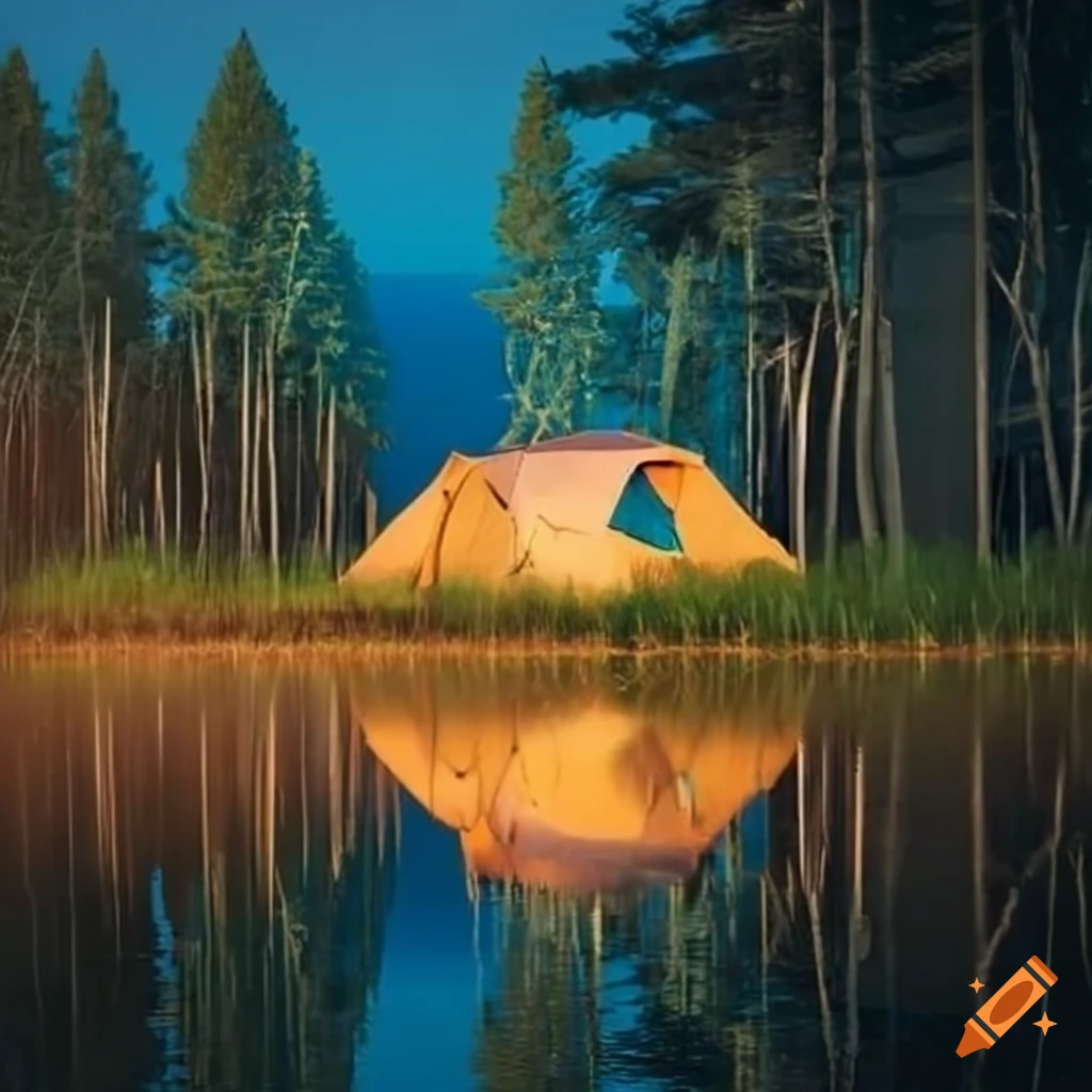Camping site with tents on a wooden platform near a wetland lake with ...