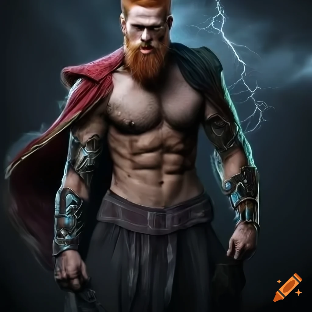 Muscular warrior with red hair and beard in a cinematic stormy setting ...