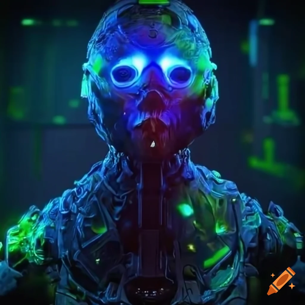 High-tech biopunk cyborg covered in glowing moss in futuristic ...