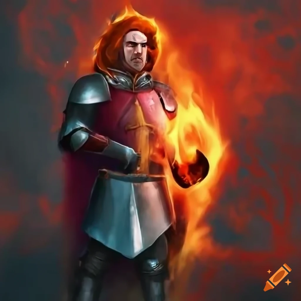 Red-haired male knight wielding flames on Craiyon