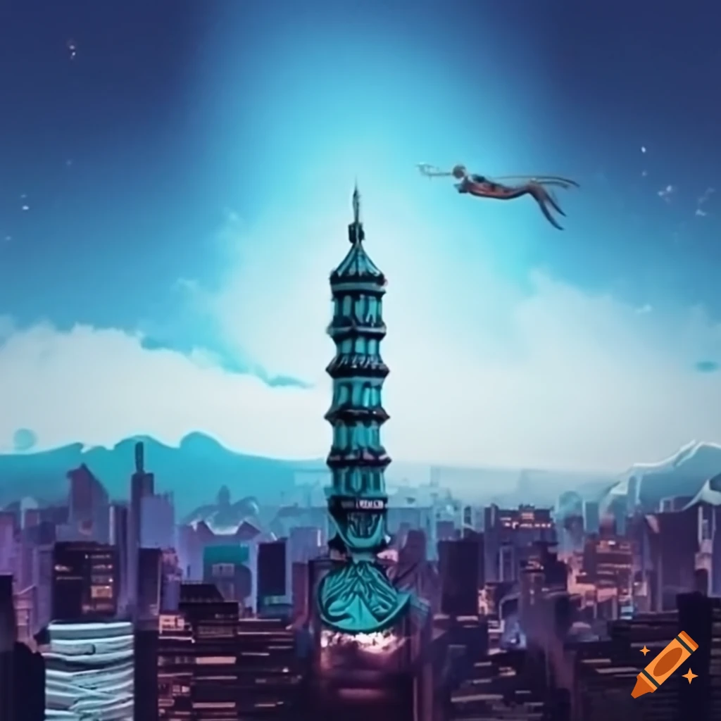Superman flying over city with Taipei 101 in the background on Craiyon