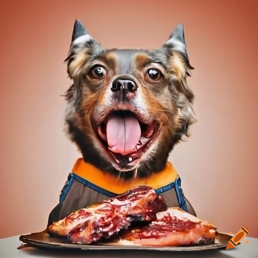 Dog in overalls eating a bbq pork rib on Craiyon