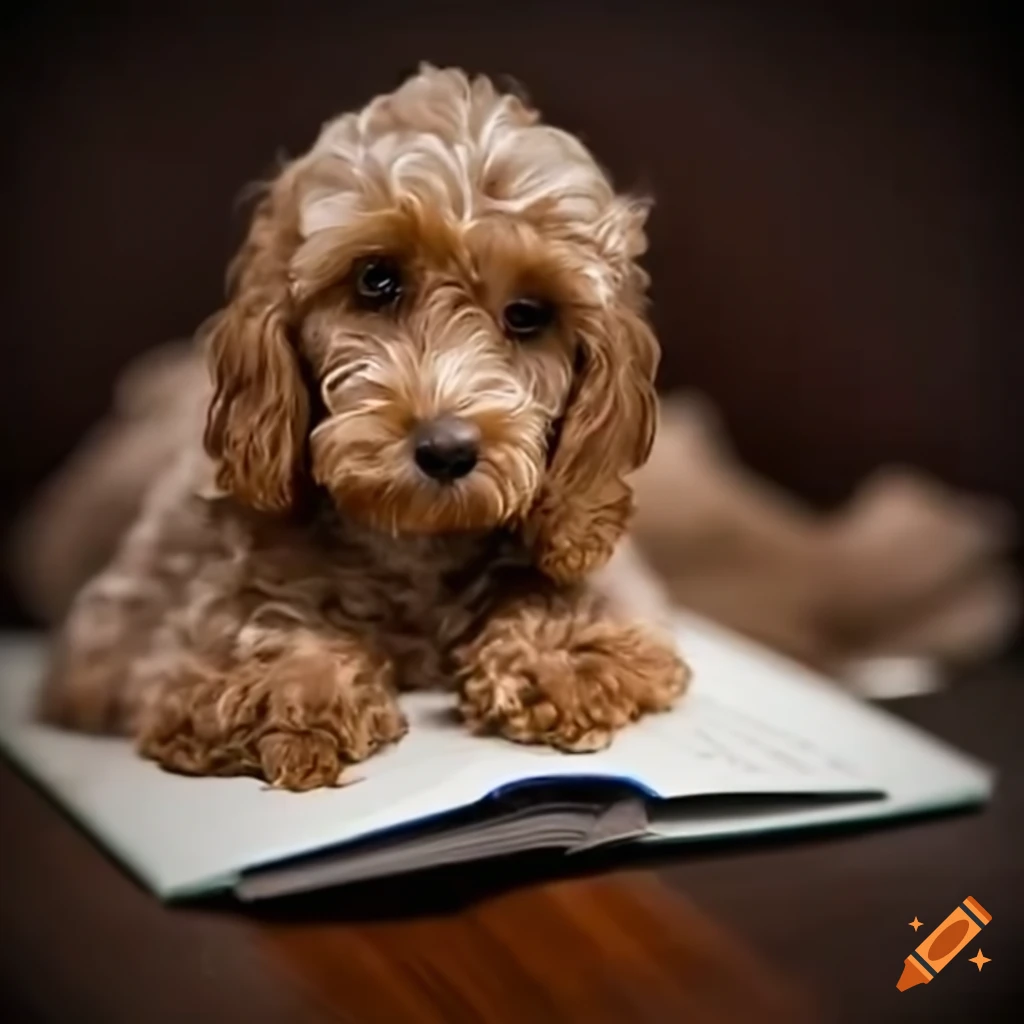 Cockapoo relaxing on the toilet and reading a book on Craiyon