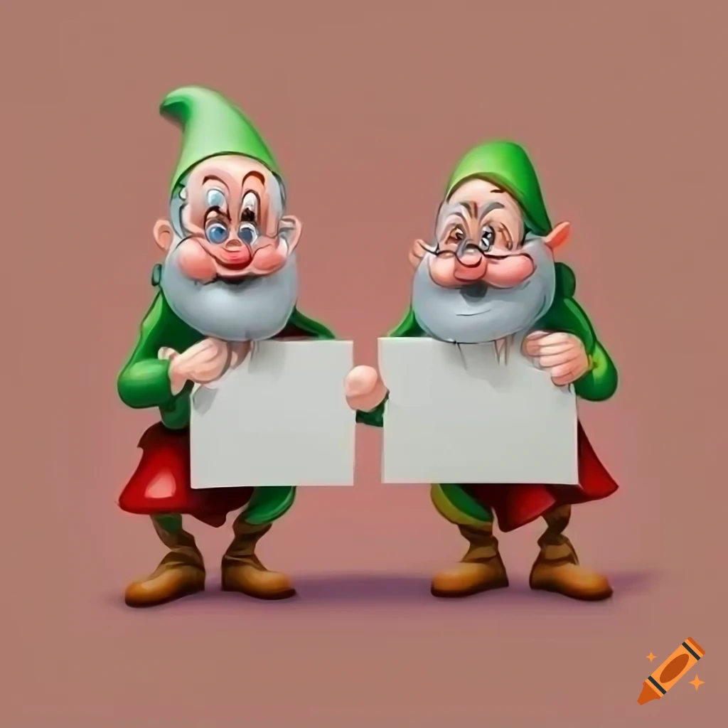 Cartoon image of two dwarfs holding a banner with inscription on Craiyon