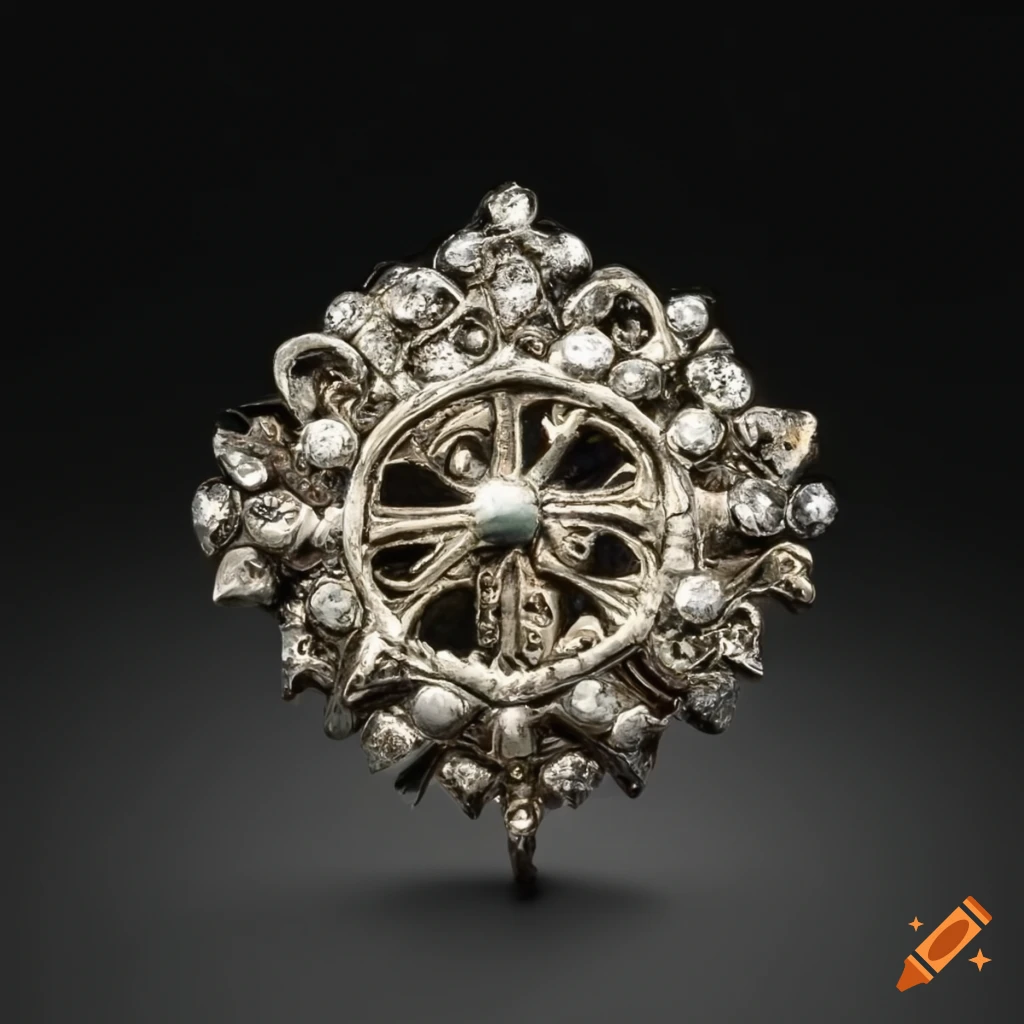 Silver medieval brooch with diamond star and wolfhead symbols on Craiyon