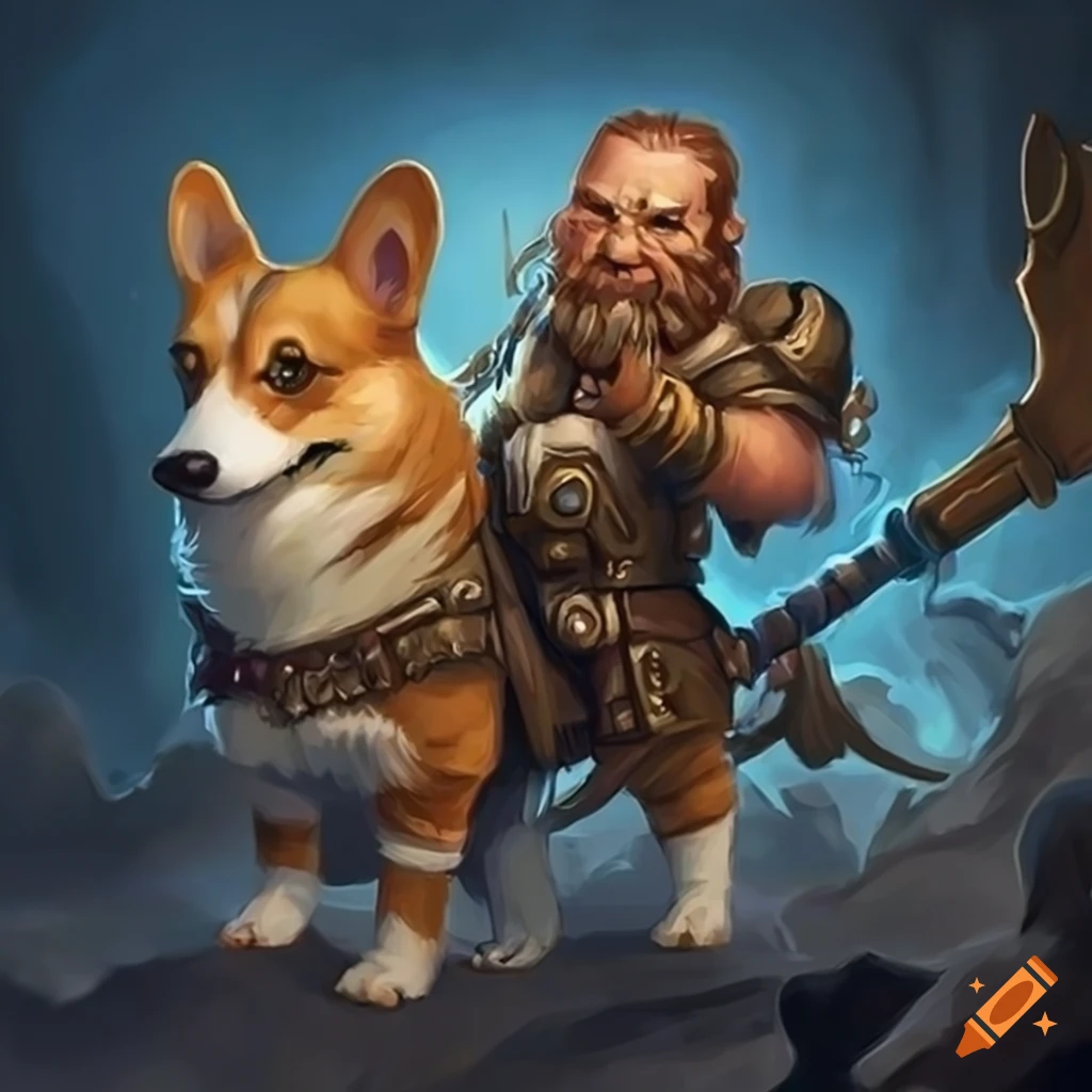 Fantasy dwarf riding a battle corgi on Craiyon