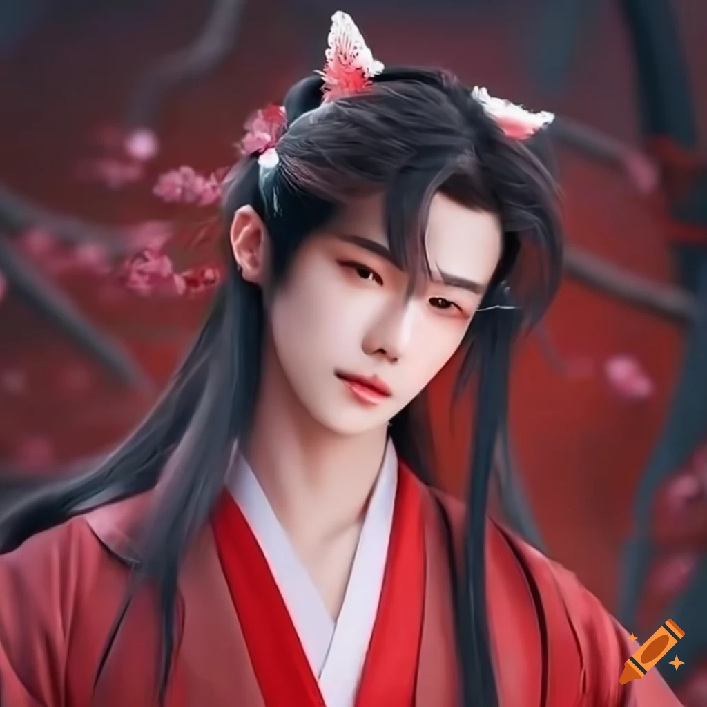 Attractive chinese man in traditional attire with cherry blossoms and ...