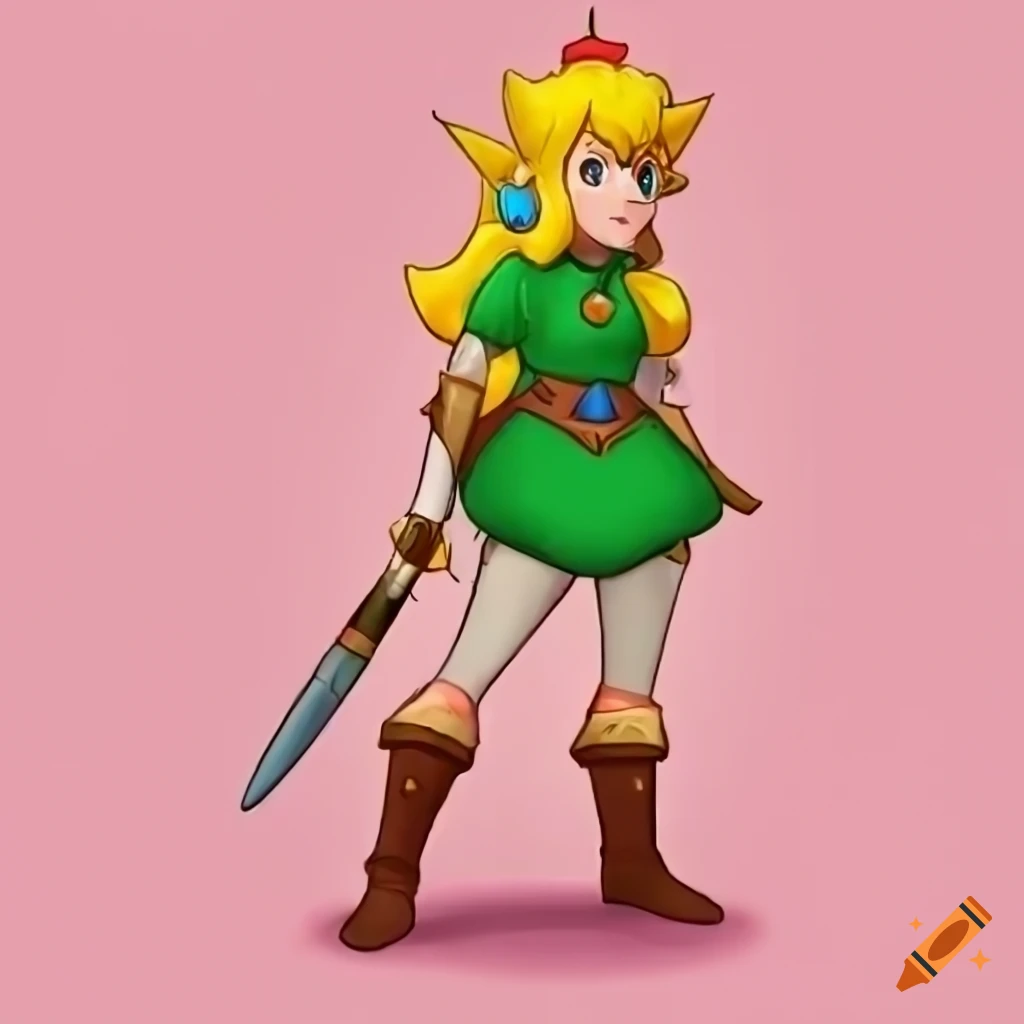 Link and princess peach swapping outfits in high-quality art on Craiyon